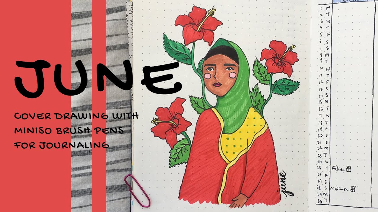 June Cover Drawing with MINISO Brush Pens for Journaling - YouTube