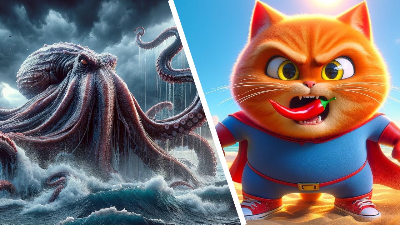 SuperCat And Giant Octopus | Beach 🐈⚔️🐙 #cat #cutecat #cute - YouTube