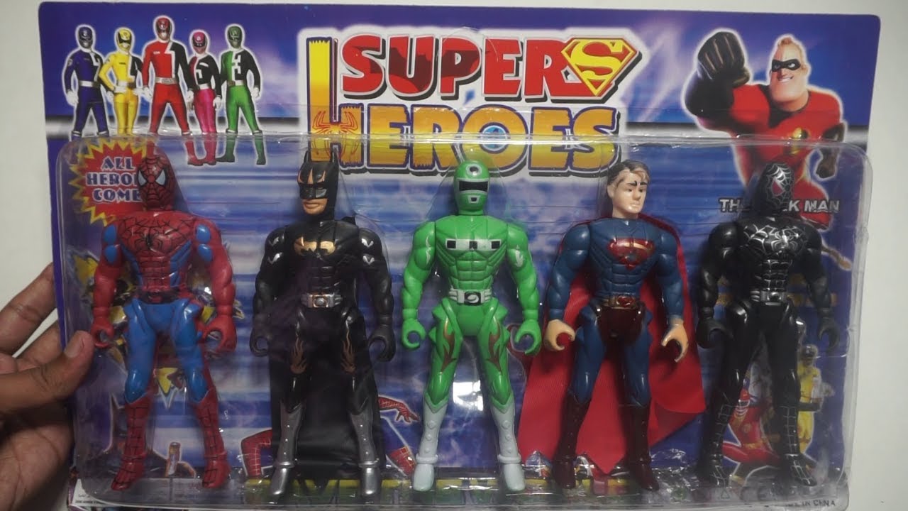 5 Super Heroes Power Rangers,Superman,SpiderMan and Black Spiderman ...
