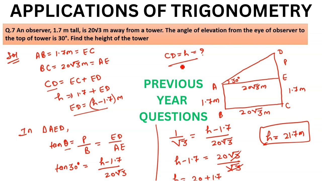 An observer 1.7 m tall is 20√3 m away from a tower. The angle of ...