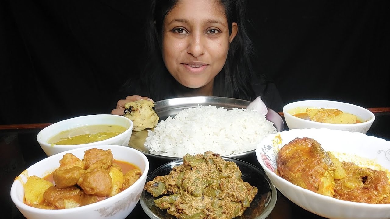 Eating Show-Rice, Fish Kalia, soyabean curry, jhinge posto, lau ...