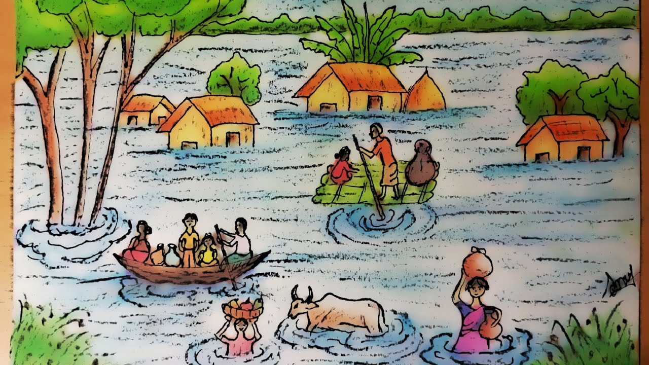 How to draw scenery of Flood 2024 easy step by step |বন্যার দৃশ্য আঁকা ...