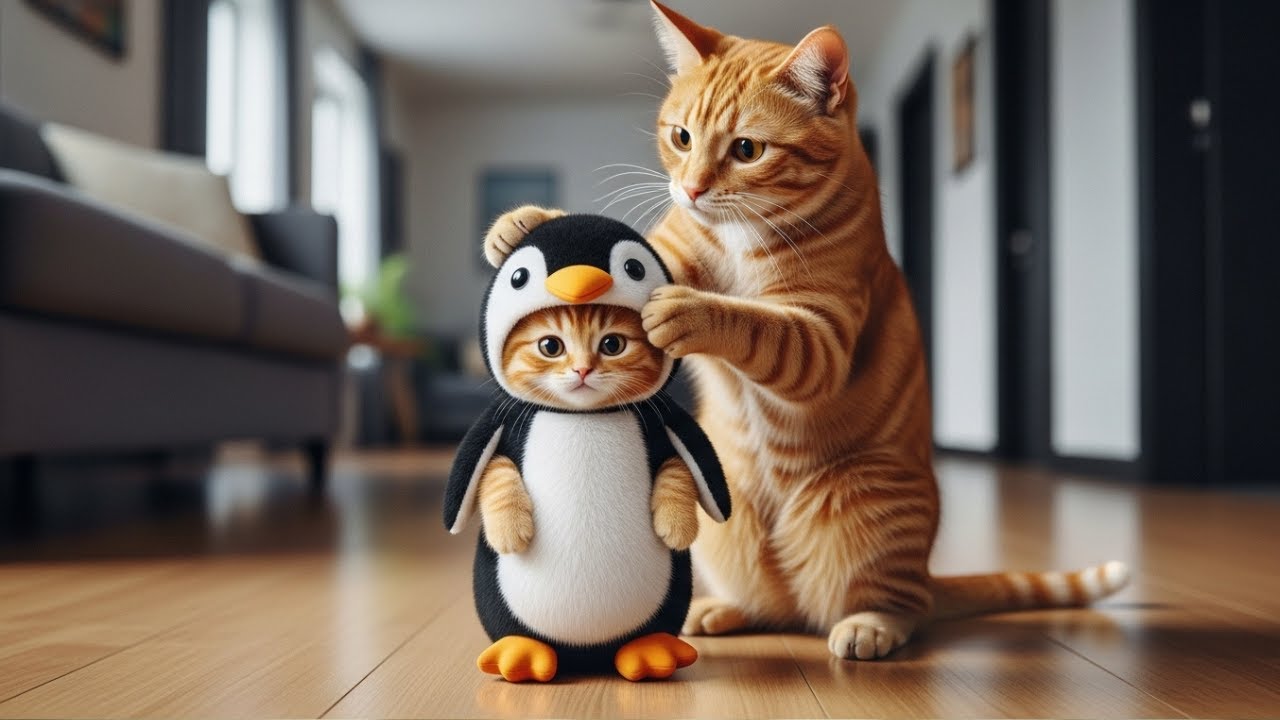 Mama Cat and Ginger Make Penguin Costumes and Build a Snowman Together ...