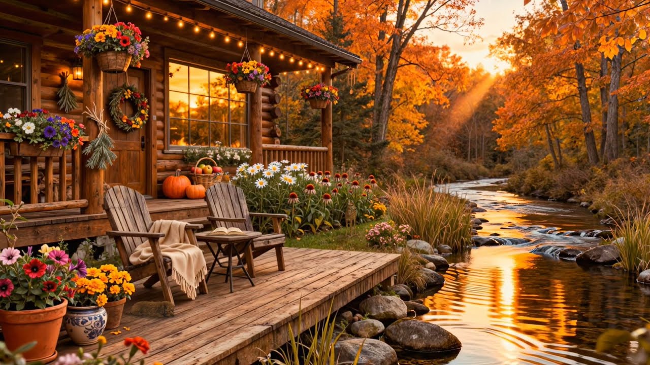 Riverside Autumn Cabin Porch 🍂🏡 Water and Stream Sounds & Cozy Fall ...