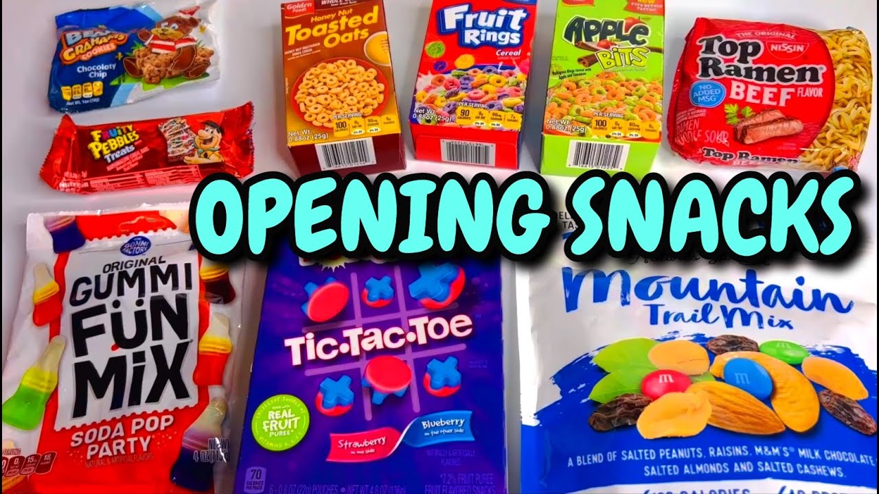 SNACK ATTACK! GUMMY SODA BOTTLES, FRUITY PEBBLES CEREAL BARS, TRAIL MIX ...
