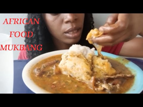 African food mukbang, Slimy Ogbolo soup with rice flour - YouTube