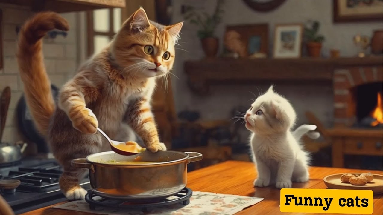 A Cat’s Love Cooking a Meal for Her Kittens | Funny cats - YouTube