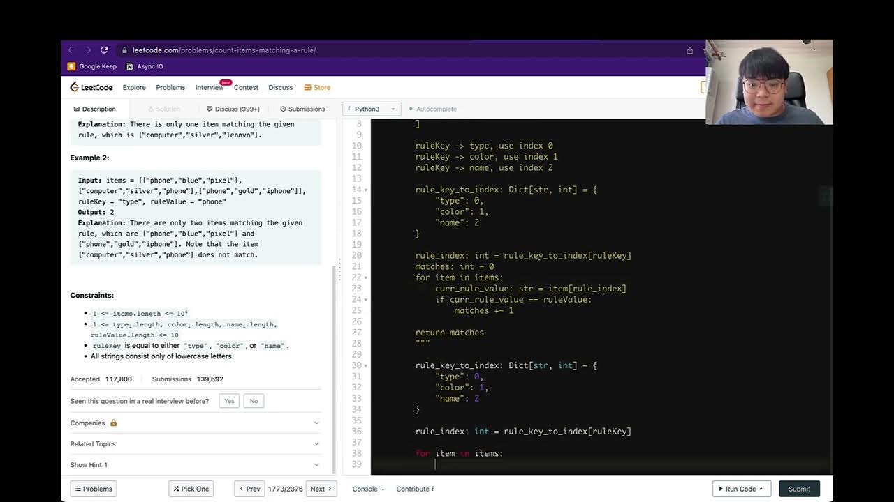 Leetcode Python Easy Count Items Matching A Rule Linear Single Pointer Youtube