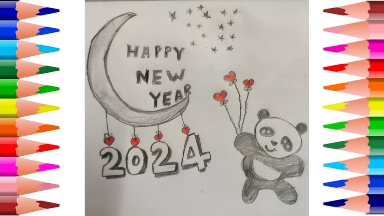 HAPPY NEW YEAR 2024 easy drawing with kids and beginners - YouTube