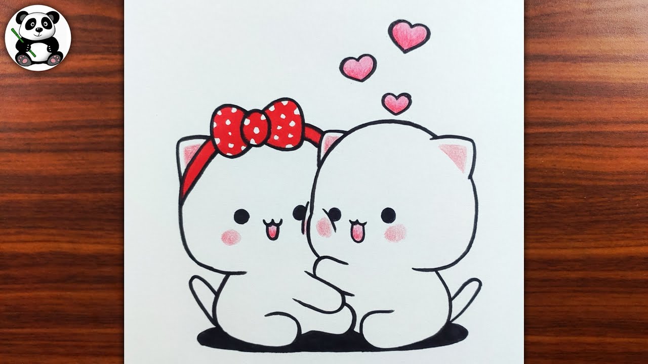 Cute lovey kitten in love arts | cat lovers animals drawing ...