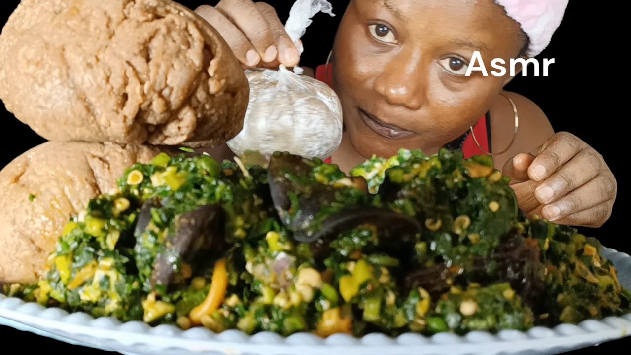 African Food mukbang asmr vegetables Okra soup with plantain fufu ...