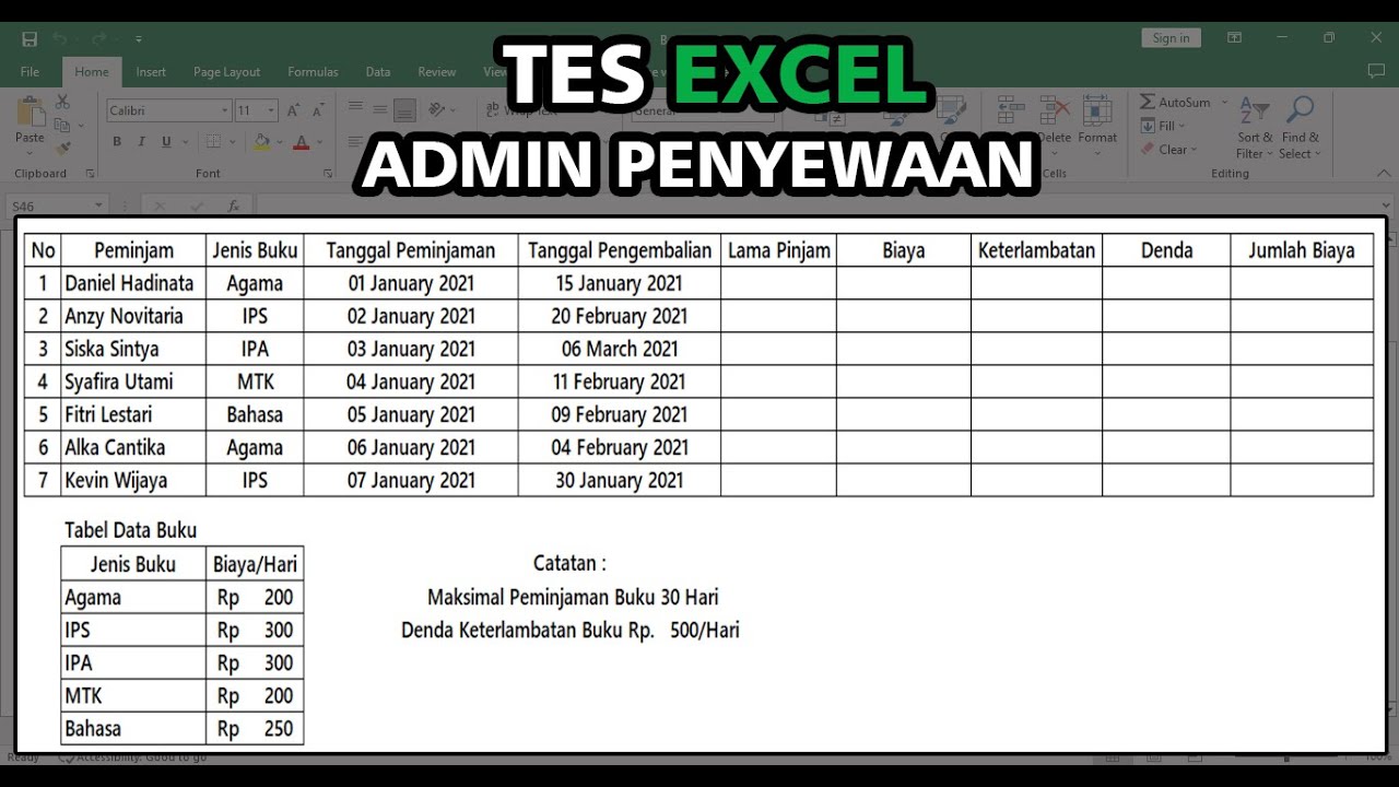 Tes Excel Admin Penyewaan | Latihan Soal Excel untuk Admin Penyewaan ...