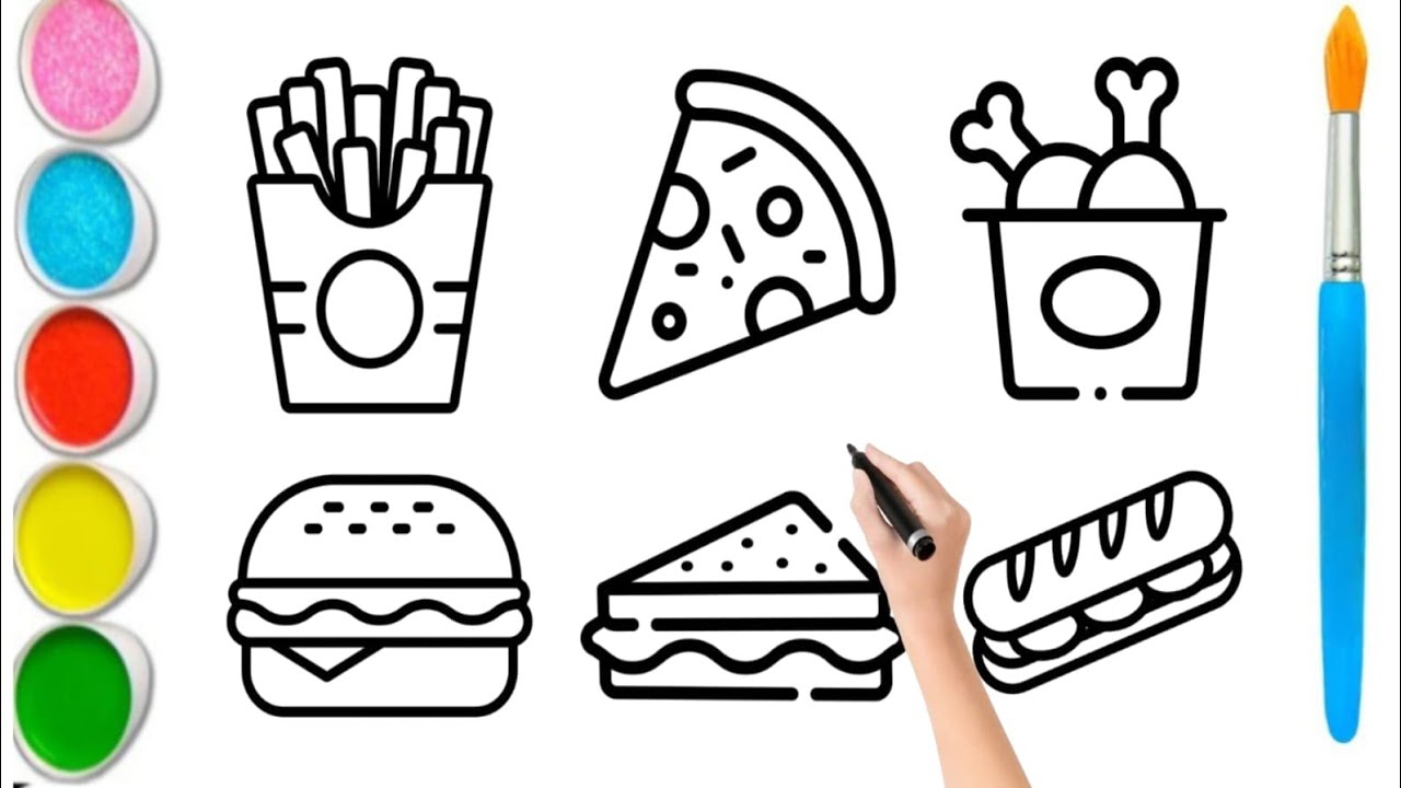 How to Draw Fast Foods🍔🍕🌭🥤|Drawing and Coloring Cute Fast Foods 🌈 ...