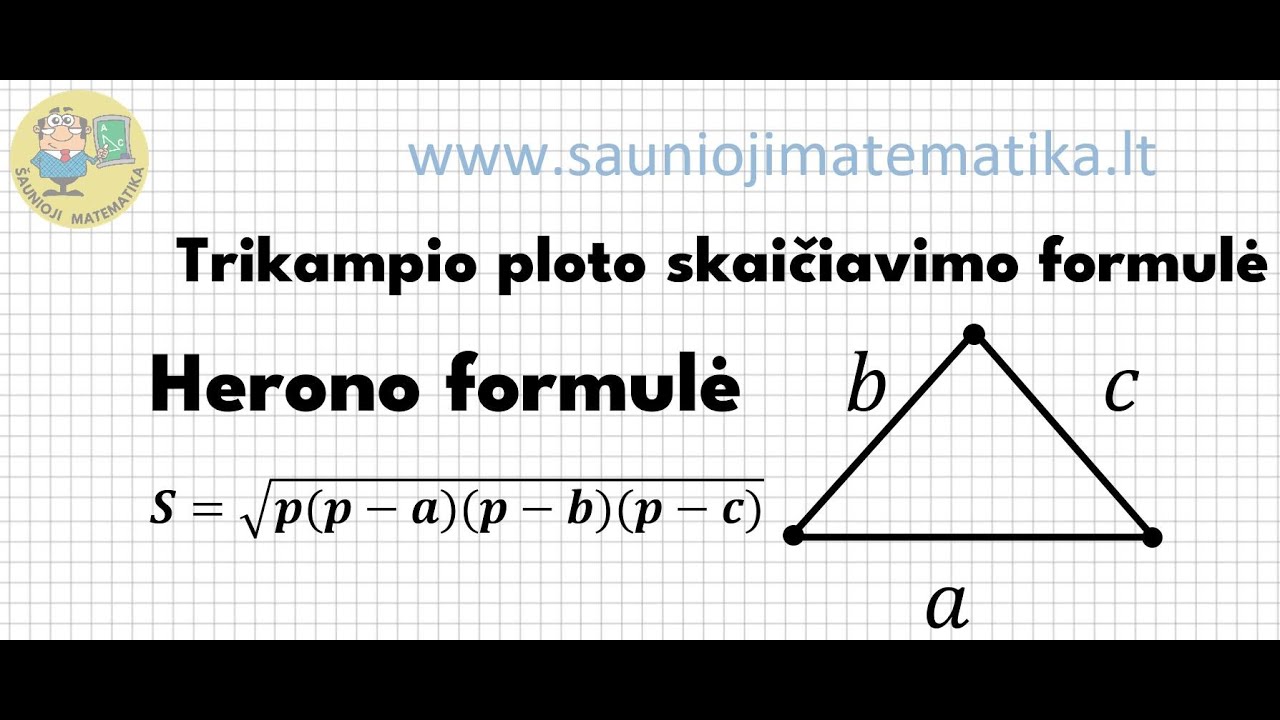Trikampio ploto skaičiavimo formulė (Herono formulė) S=√(p(p-a)(p-b)(p-c)) su įrodymu ...