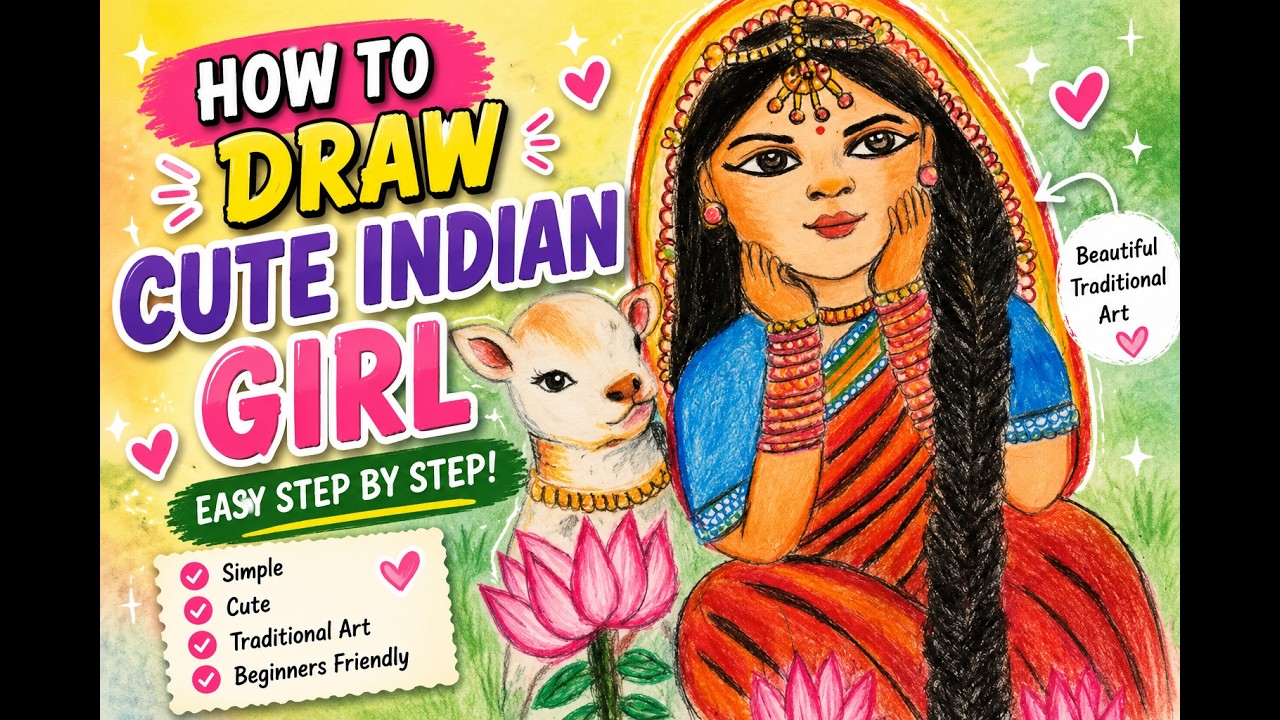 Traditional Indian Girl Drawing Easy Art Tutorial - YouTube