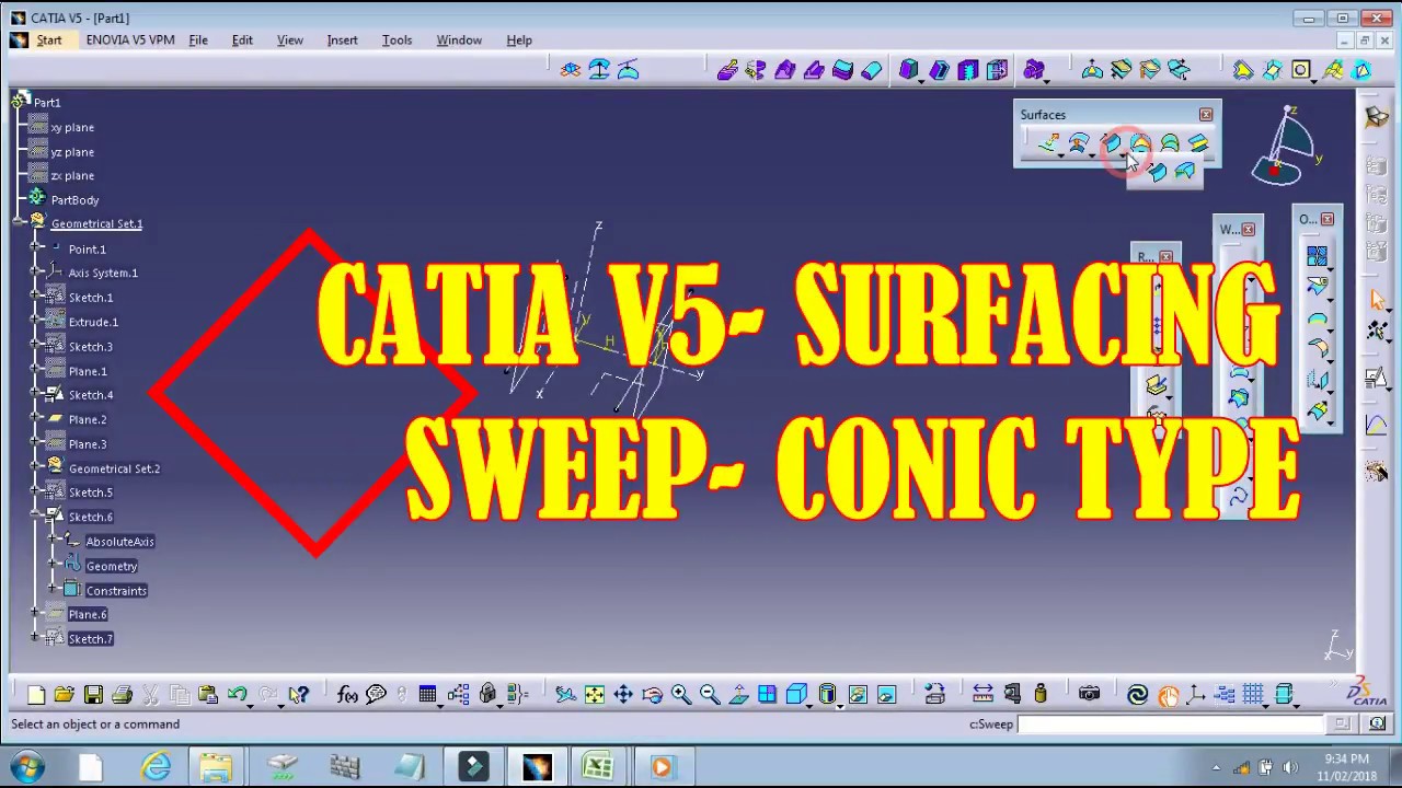 CATIA V5 CONIC SWEEP SURFACE (VOICE) - YouTube