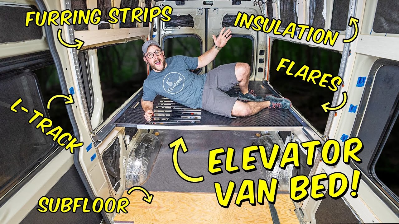 DIY CAMPER VAN CONVERSION 2 : Subfloor, Insulation & ELEVATOR Bed ...