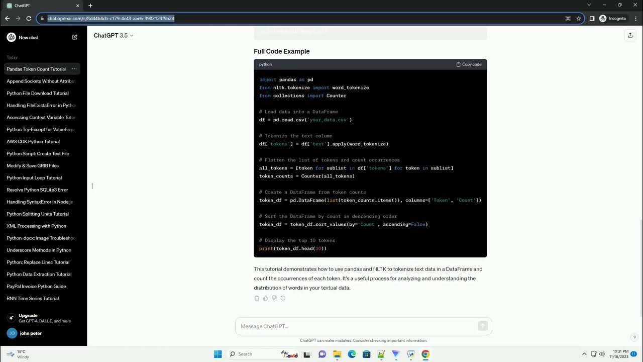 Counting tokenized words in data frame with pandas python - YouTube