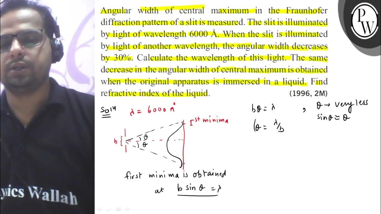 Angular width of central maximum in the Fraunhofer diffraction pattern of a slit is measured ...