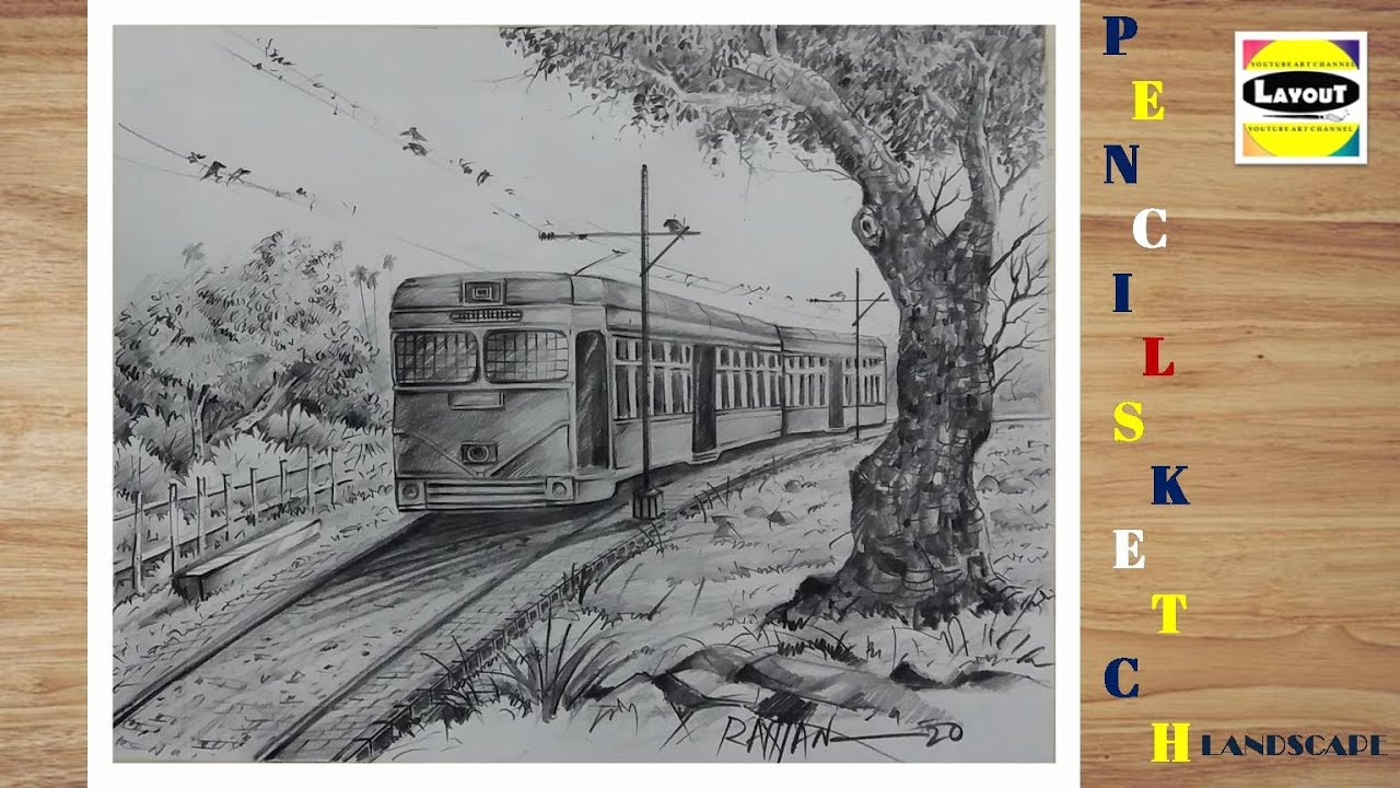 How To Draw A Easy Landscape With PENCIL | TRAM drawing easy | step by ...