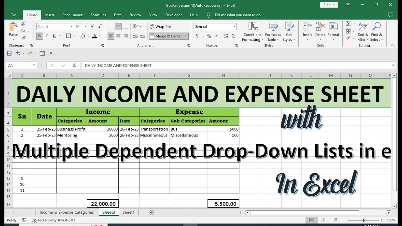 automatic daily income and expense sheet with multiple accounts - YouTube