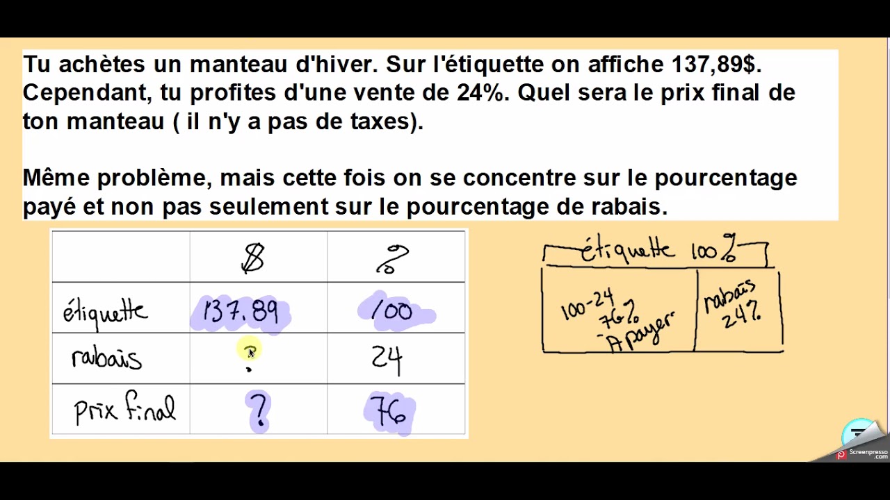 calculer les taxes et rabais à l'aide d'un tableau de proportion - YouTube