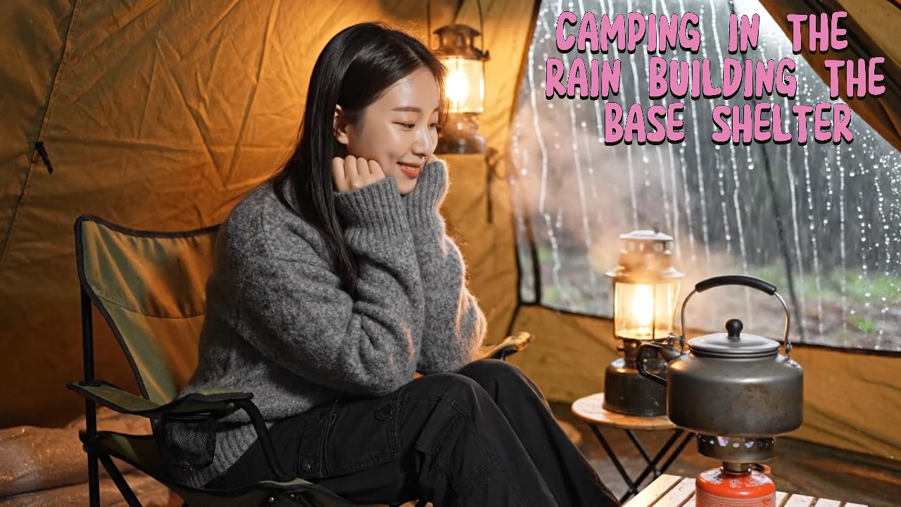 Camping in Heavy Rain 🌧️ Building the Base Shelter & Cozy Tent Setup ...