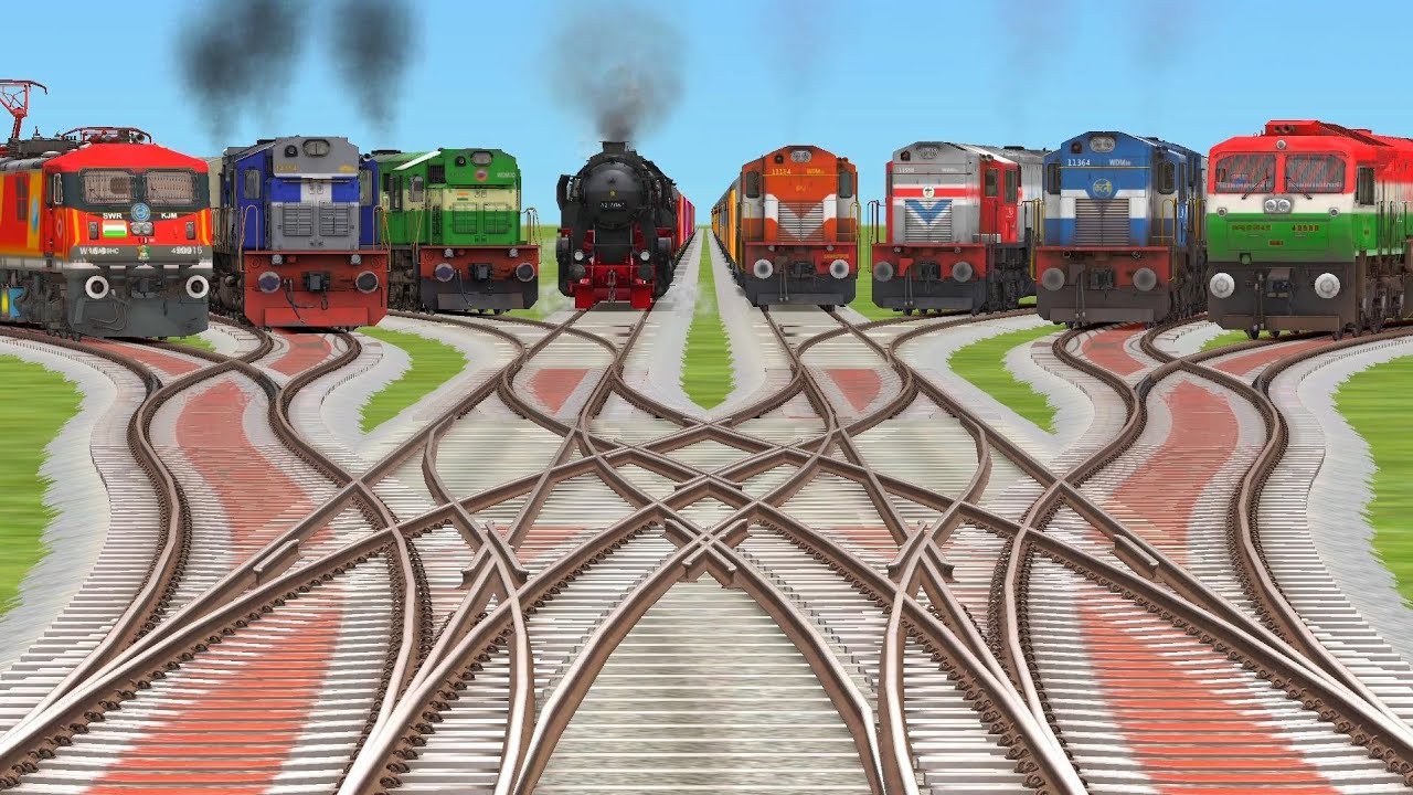 Eights Trains Crossing On Double Curved Animated Railroad Tracks ...