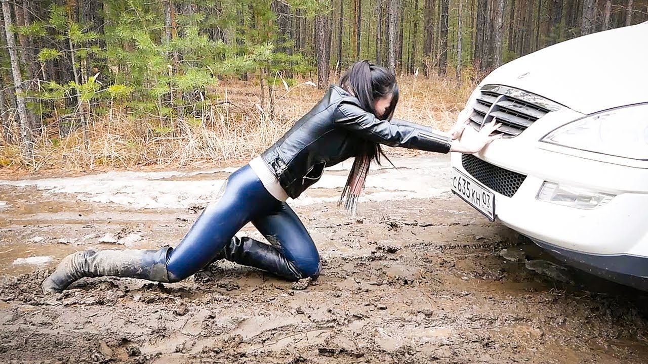 Valeria, Stuck, Trying To Get Out Of The Mud, Snow And Puddles In High ...