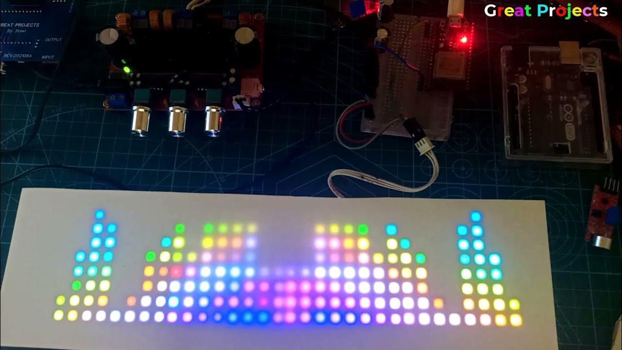 arduinoFFT with 8x32 WS2812 RGB Led Matrix 2x16Band - YouTube