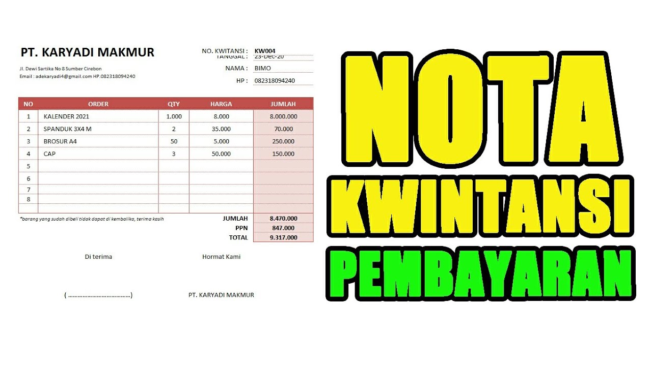Cara Membuat Nota Kwitansi Pembayaran di Excel - YouTube