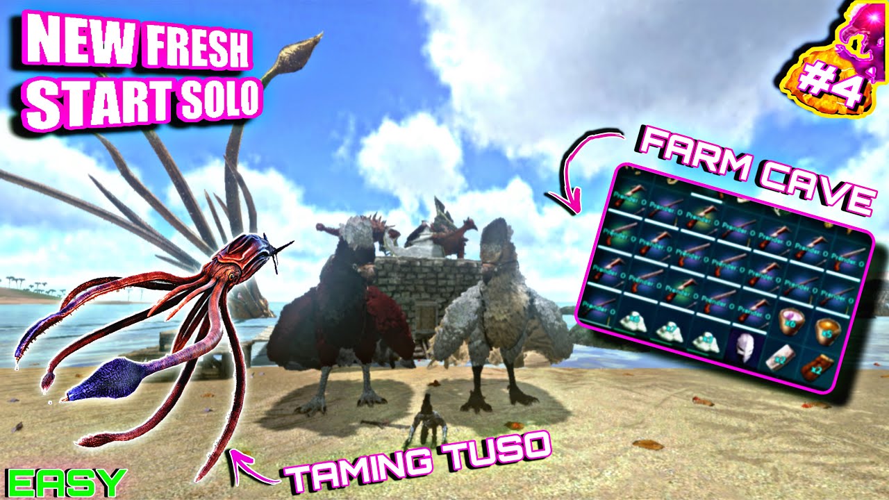|ARK MOBILE| NEW FRESH START SOLO - TAMING TUSO, FARM CAVE AND START ...
