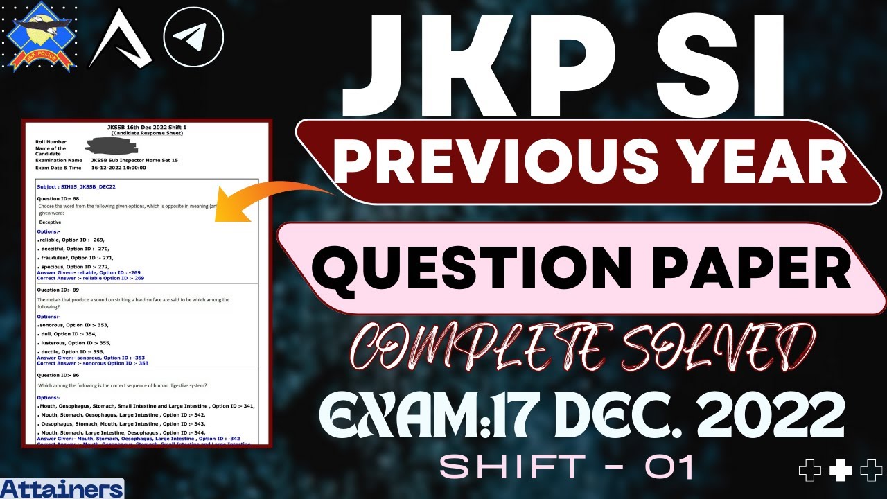 JKP SI Previous Year Question Paper Solved | JKP SI Original Question ...