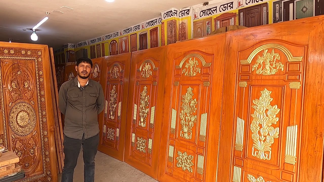কম দামে🔥লেকার পলিশ সেগুন কাঠের দরজা। lekar polish wooden double door ...