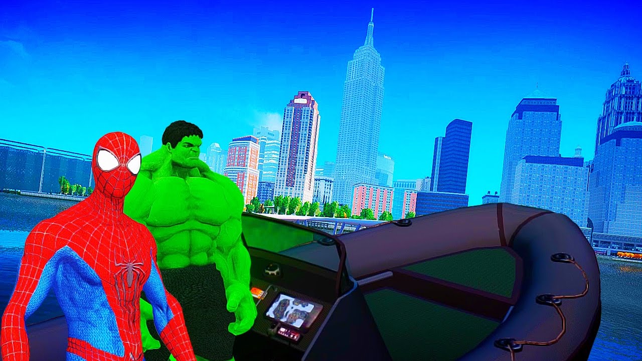Superheroes Hulk and Spider Man! Racing on the monster truck and ...