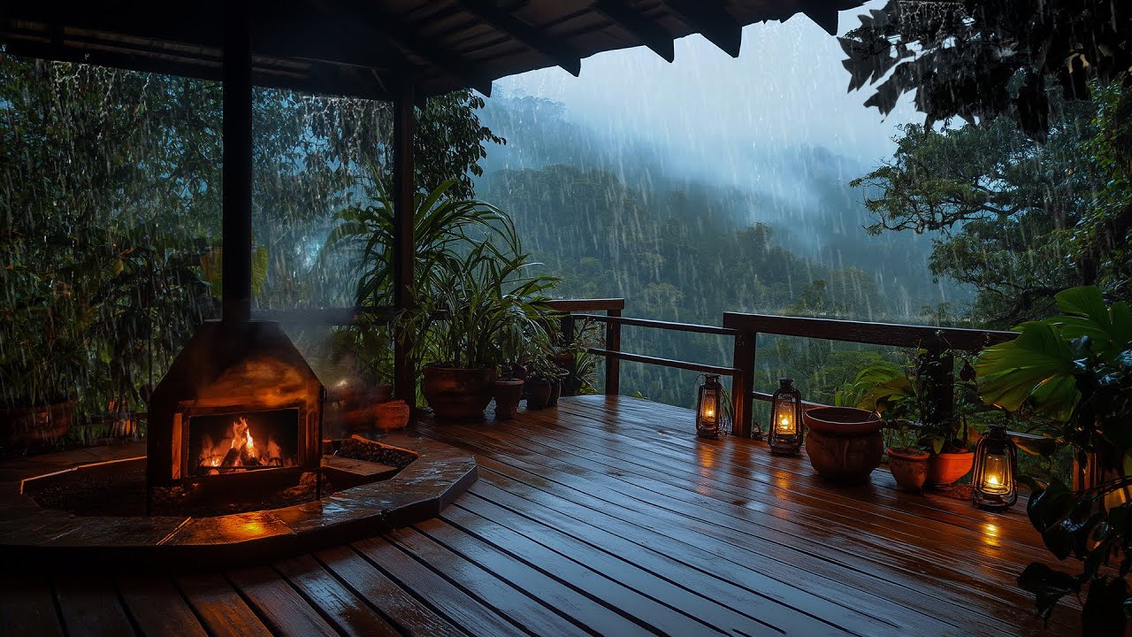 Cozy Fireplace Treehouse Overlooking The Bay On Rainy Day ⛈️ Crackling ...