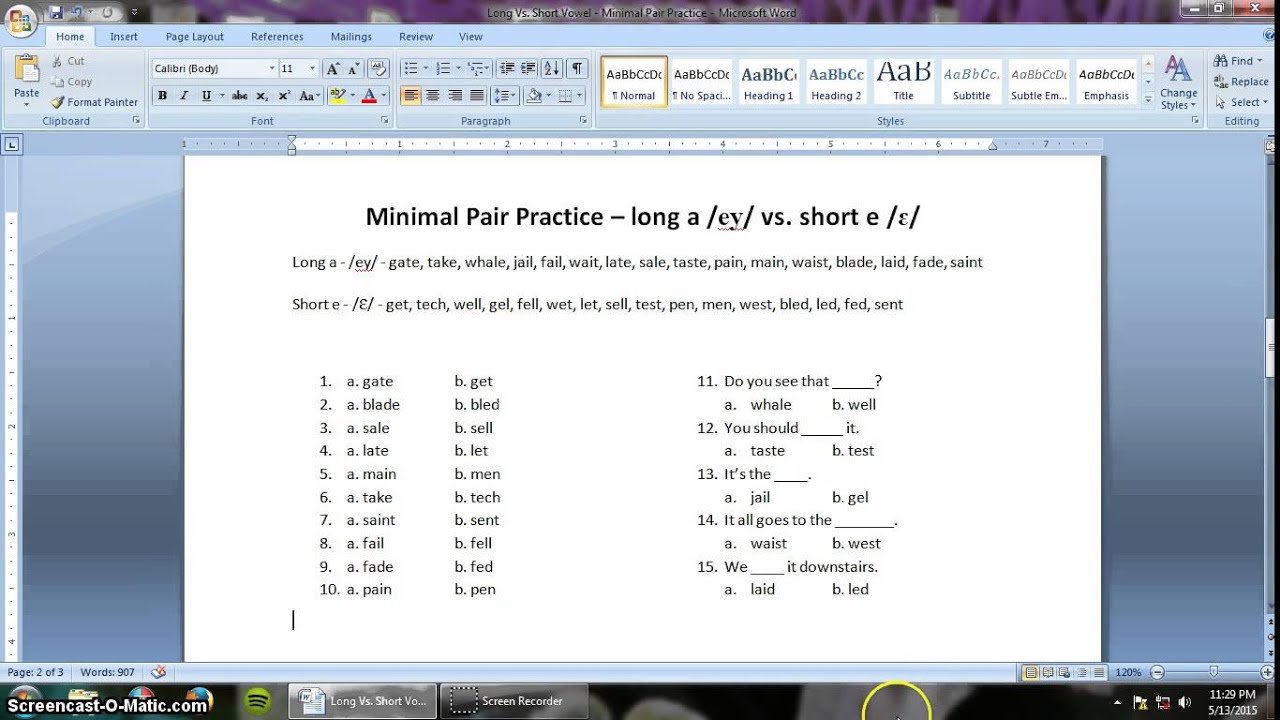 Minimal Pair Practice 6 - Vowels - Long a, Short e, Short o, Long o ...