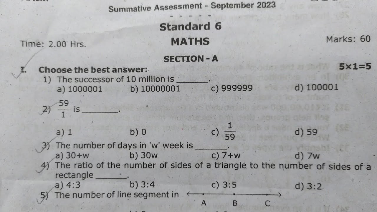 6th Maths Quarterly exam Original question paper 2023 - YouTube