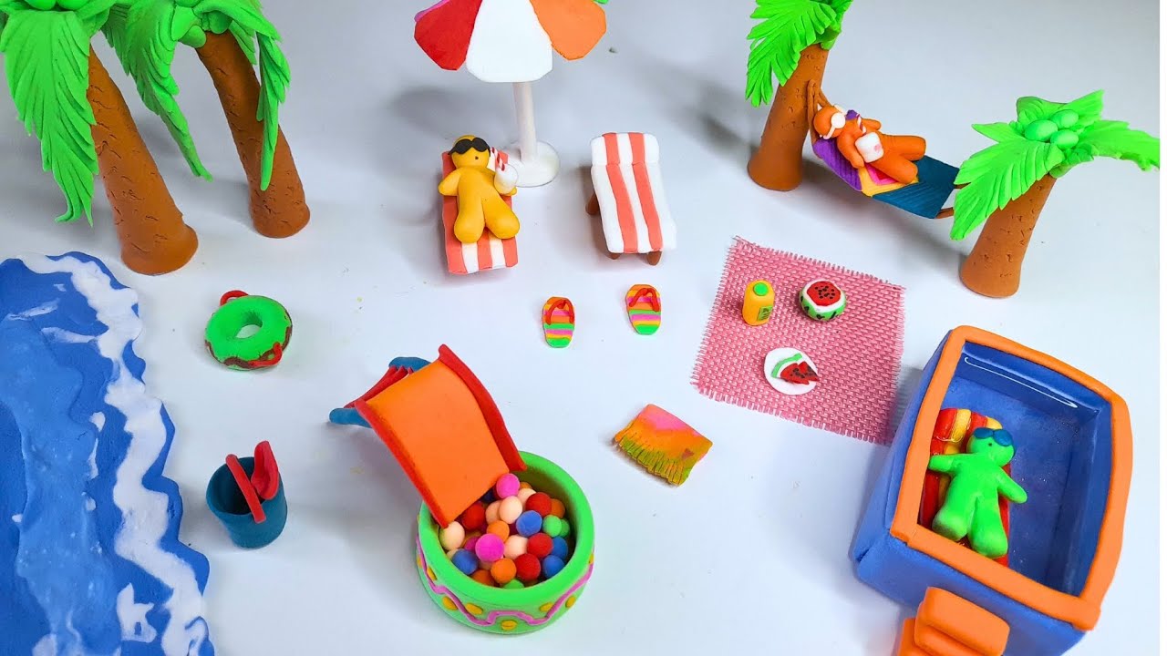 DIY how to Make a Miniature Polymer Clay Beach, Pool, Palm Tree - YouTube