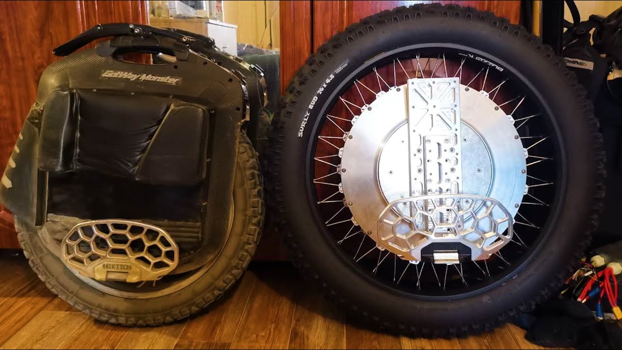 Monster electric unicycle with inside hub suspension - YouTube