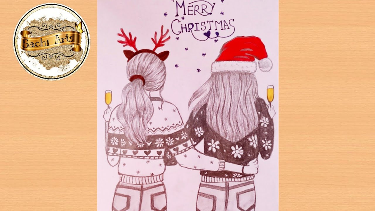 How to draw a girl best friends celebrate Christmas-step by step ...