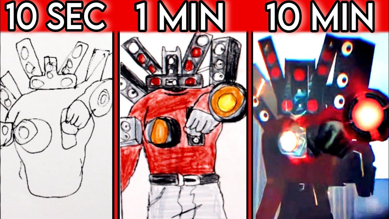 Drawing TITAN SPEAKER MAN In 10 SECONDS, 1 MINUTE & 10 MINUTES - YouTube
