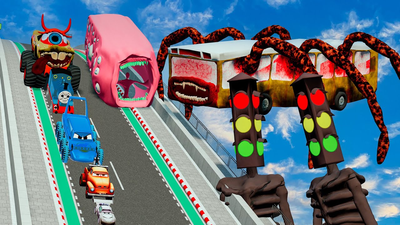 ALL MONSTERS & Cars Ramp Jump with NEW TRAFFIC LIGHT & BUS EATER ...