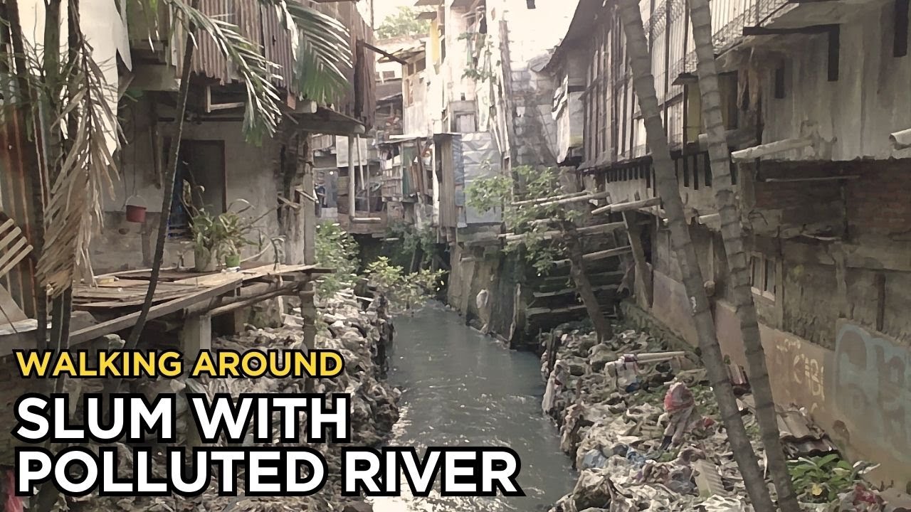 Slum by Polluted River in Jakarta Indonesia Walk Tour - YouTube