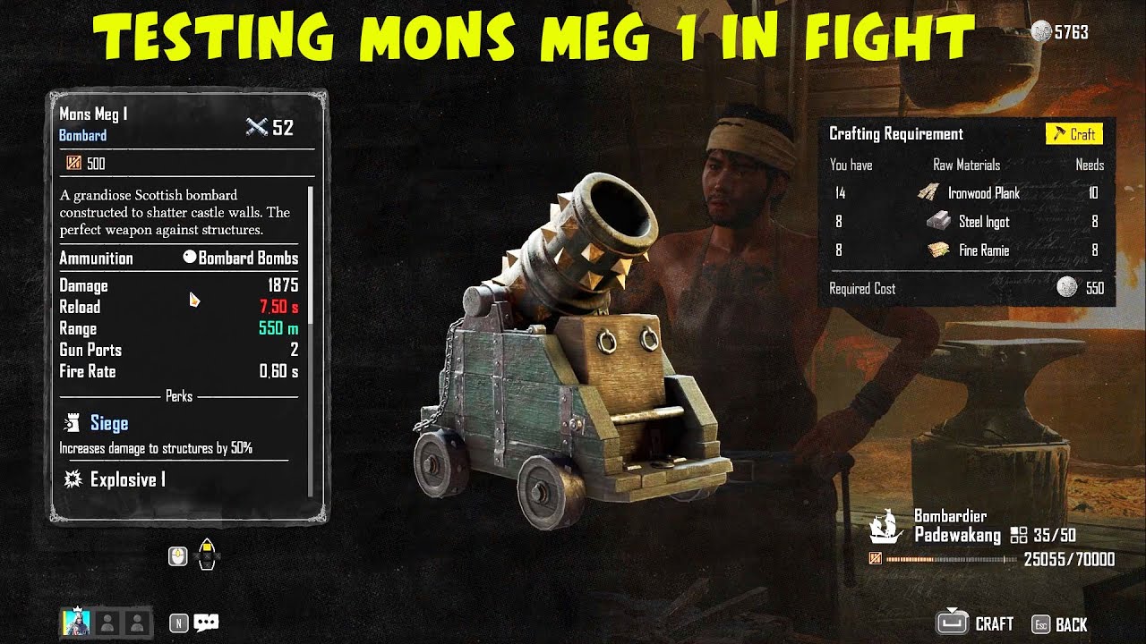 Skull and Bones - Testing Enhanced Bombard Mons Meg 1 - YouTube