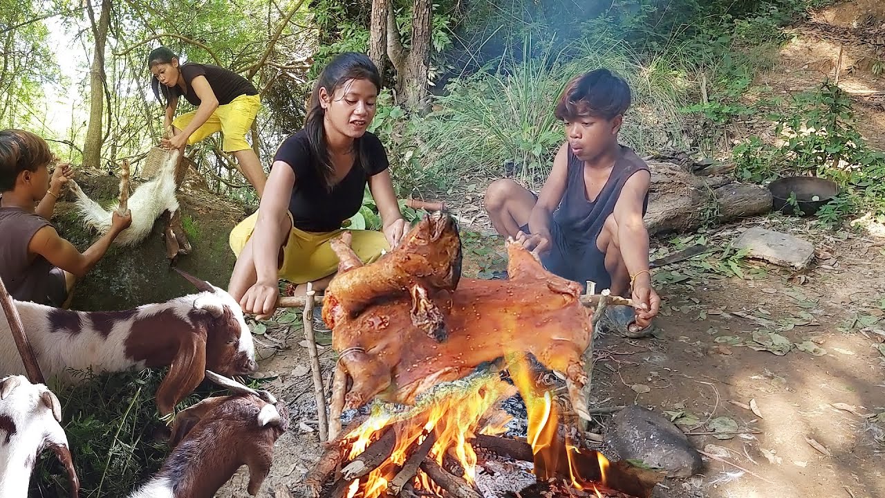 Lucky day! Found goat in forest for jungle food, Cooking goat So ...