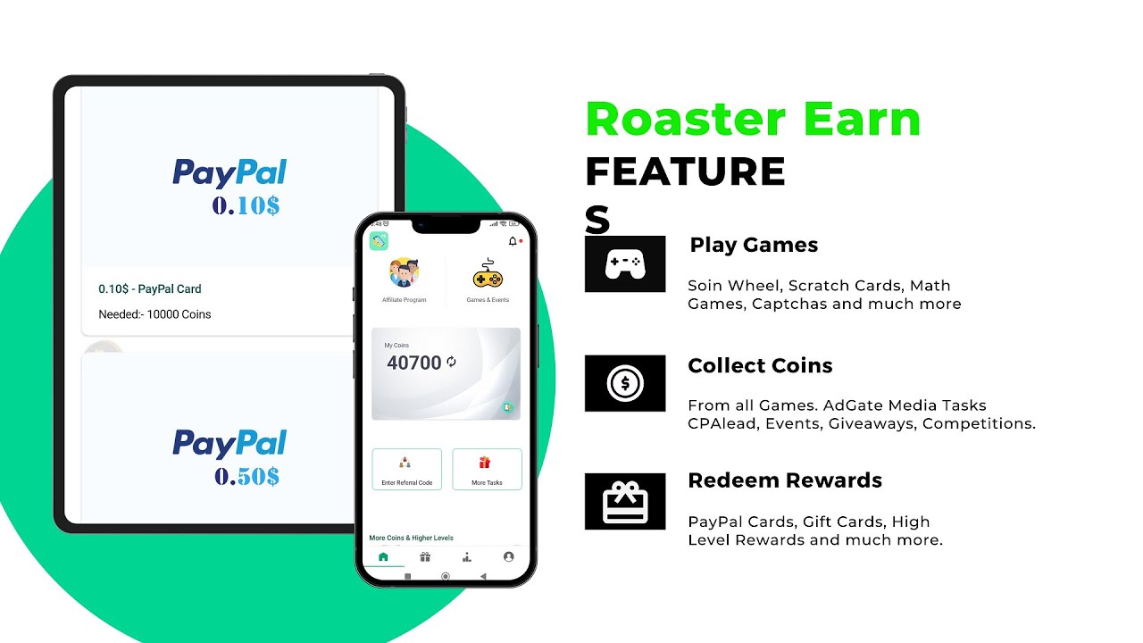 Roaster Earn Features - Games, Tasks, Offers. Redeem many rewards - YouTube