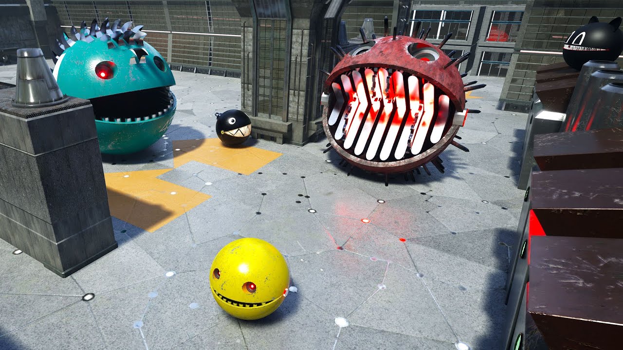 Pacman, Chain Chomp, and Gladiator Robot Face Spiky Monster in a High ...