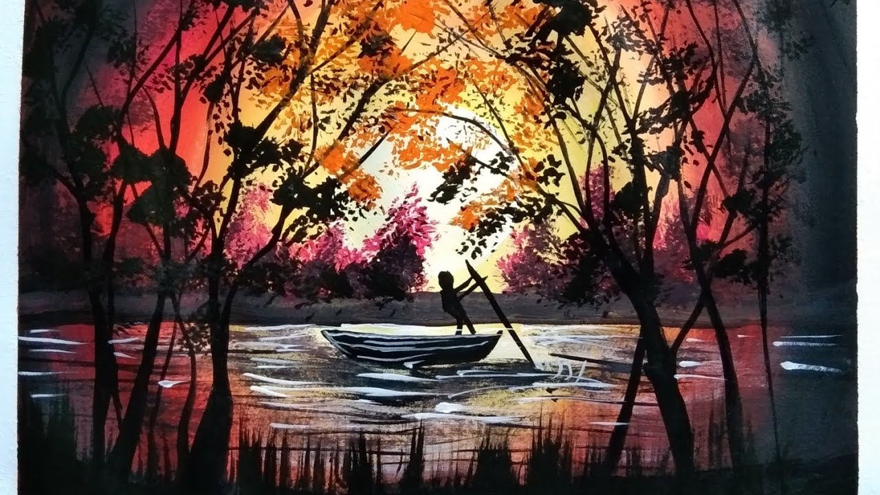 Beautiful scenery Drawing with poster colour ll step by step ll for ...