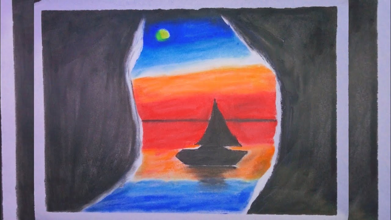 How To Draw Sunset Scenery For Beginners//Draw A Alone Ship Step By ...